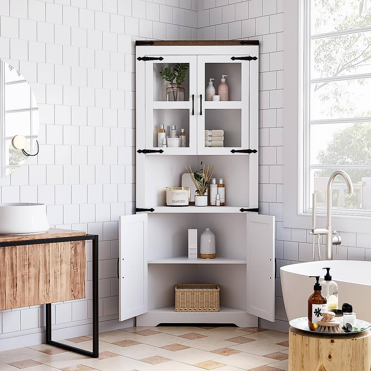 GarveeHome Farmhouse Corner Cabinet, Tall Corner Cabinet with Barn Door & Adjustable Shelves, Corner Storage Cabinet for Living Room, Kitchen, Bathroom, White