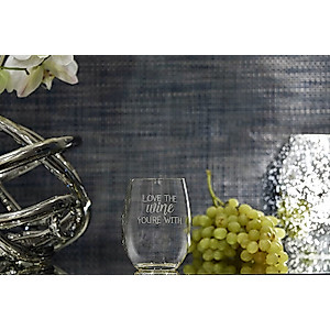 Lushy Wino – Love The Wine You're With – Cute, Novelty, Etched Stemless 16-Ounce Wine Glass with Funny Sayings in Gift Box