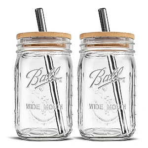 Reusable Boba Glass Cups With Lids and Straws - (2 Pack) - Ball Wide Mouth 32 oz Mason Drinking Jars with Reusable Bamboo Lids & Stainless Steel Straws for Iced Coffee, Smoothie, Milkshake, Tea