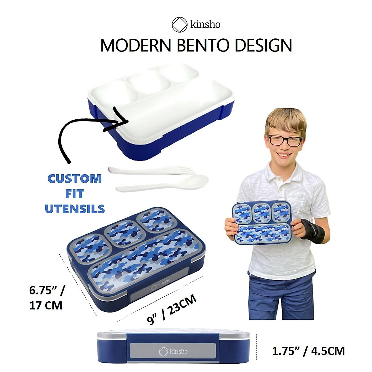 kinsho Camo Lunch-Box for Boys, Bento Box for Kids | Portion Containers for Snacks or School Lunches, BPA Free Boxes Meal Containers Loncheras Para Niños | Blue Camouflage 4 Compartments