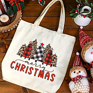 Abbylike 4 Pcs Christmas Canvas Tote Bag Reusable Grocery Shopping Bags with Interior Pocket Cute Casual Reusable Shoulder Bag for Supermarket Shopping Party Xmas Gifts Favor Supplies Women Presents
