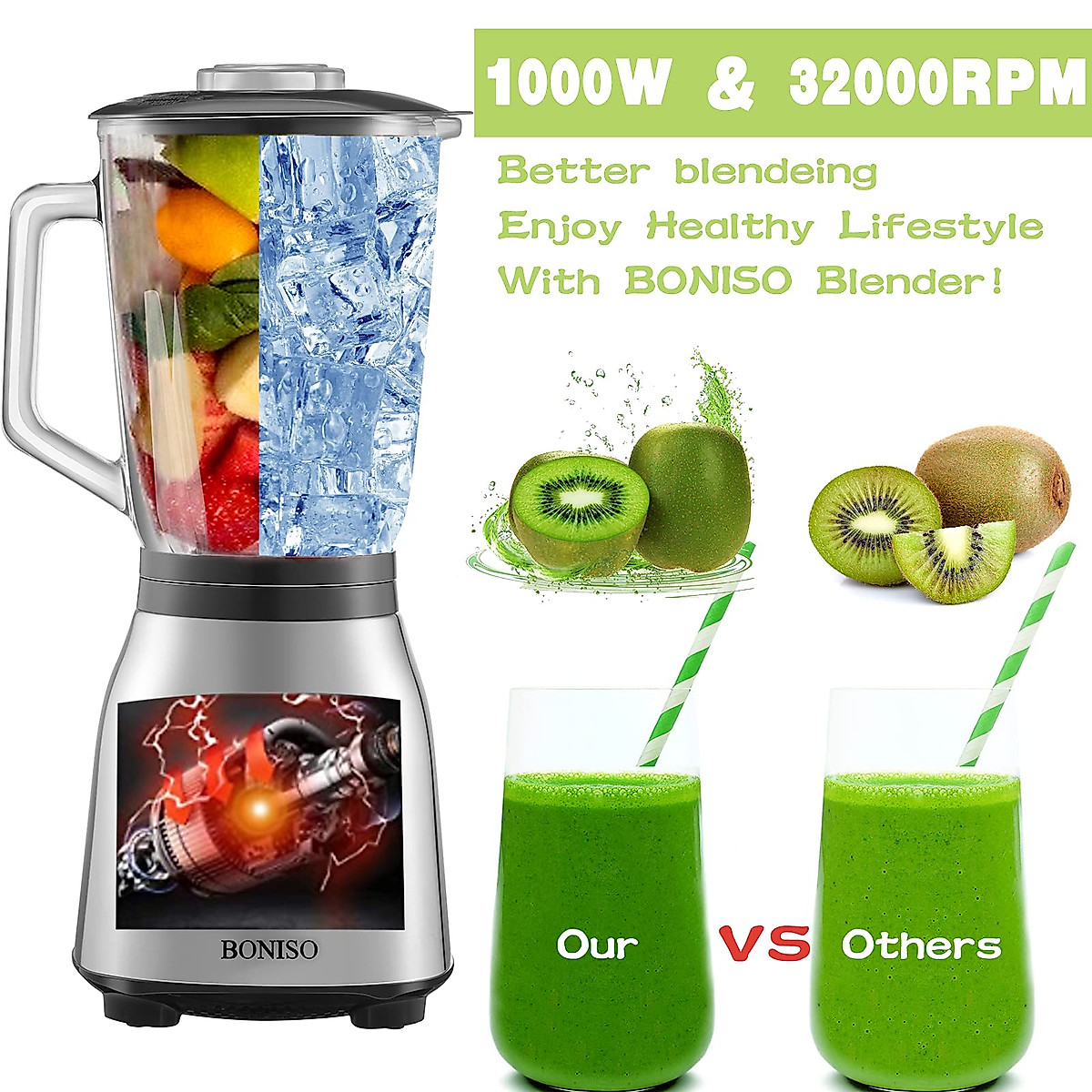 BONISO Countertop Blender High Speed Countertop Kitchen Food Mixer for Blend, Chop, Grind with1.5L/50oz Glass Jar, for Puree, Ice Frozen Fruit Crushing, Nuts Butter, Shakes and Smoothies