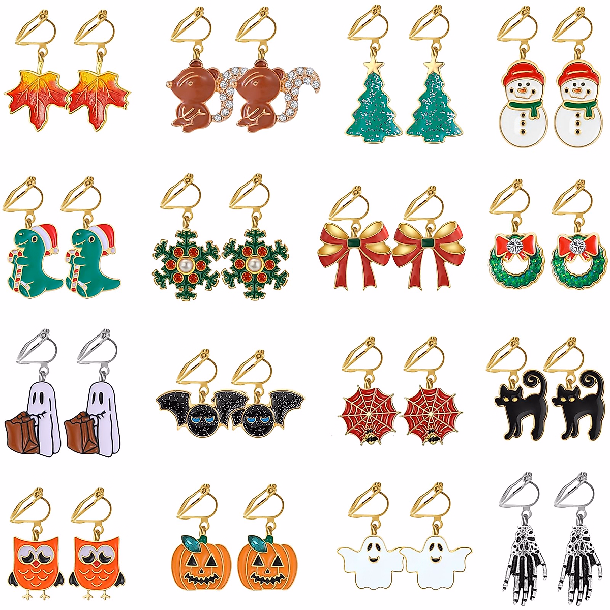16Pairs Halloween Christmas Clip on Earrings Dangle for Women Teen Christmas Tree Snowflake Snowman Spooky Ghost Pumpkin Bat Cat Squirrel Maple Leaf Thanksgiving Fall Earrings Holiday Jewelry (Holiday Earrings)
