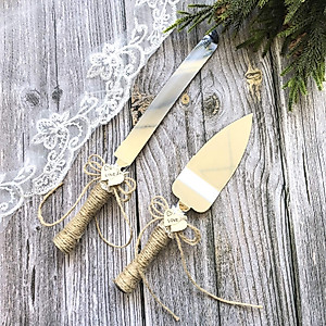Abbie Home Wedding Cake Knife and Server Set with Burlap Twines Handle for Garden Wedding Ceremony (ZY-L26)