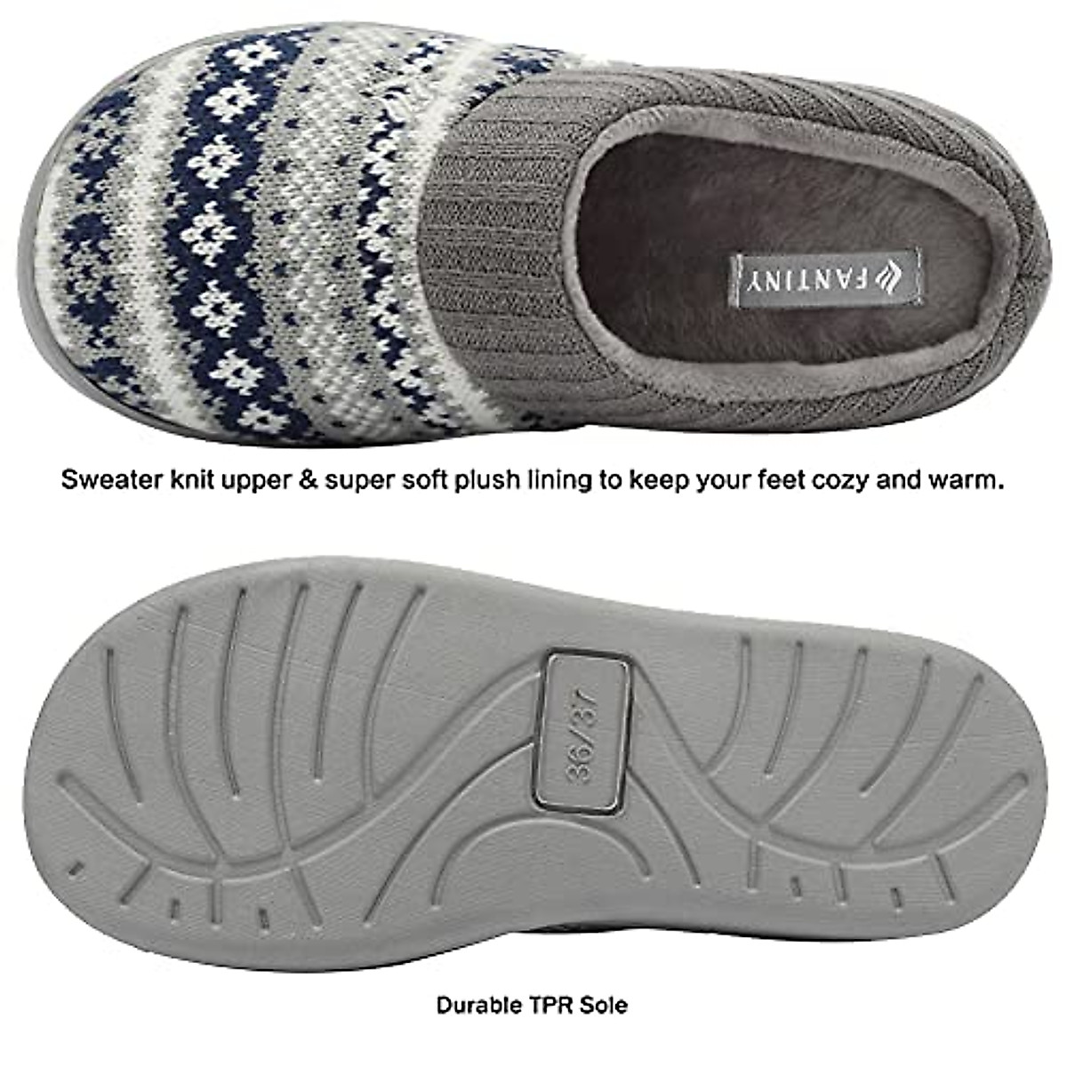 CIOR Women's Memory Foam House Slippers Sweater Knit Embroidered Pattern and Ribbed Hand-Knit Collar-U1MTW014-Navy Blue-38-39