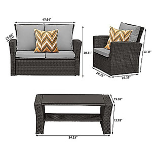 May in Color 4 Piece Patio Furniture Sets, All-Weather Patio Conversation Set Outdoor Wicker Sectional Sofa Chair with Cushion and Coffee Table, Grey
