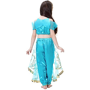 Tacobear Jasmine Costume for Girls Arabian Sequined Jasmine Dress up with Wig Tiara Wand Cosplay for Kids (130(5-6T), 01 Jasmine Costume with Wig)