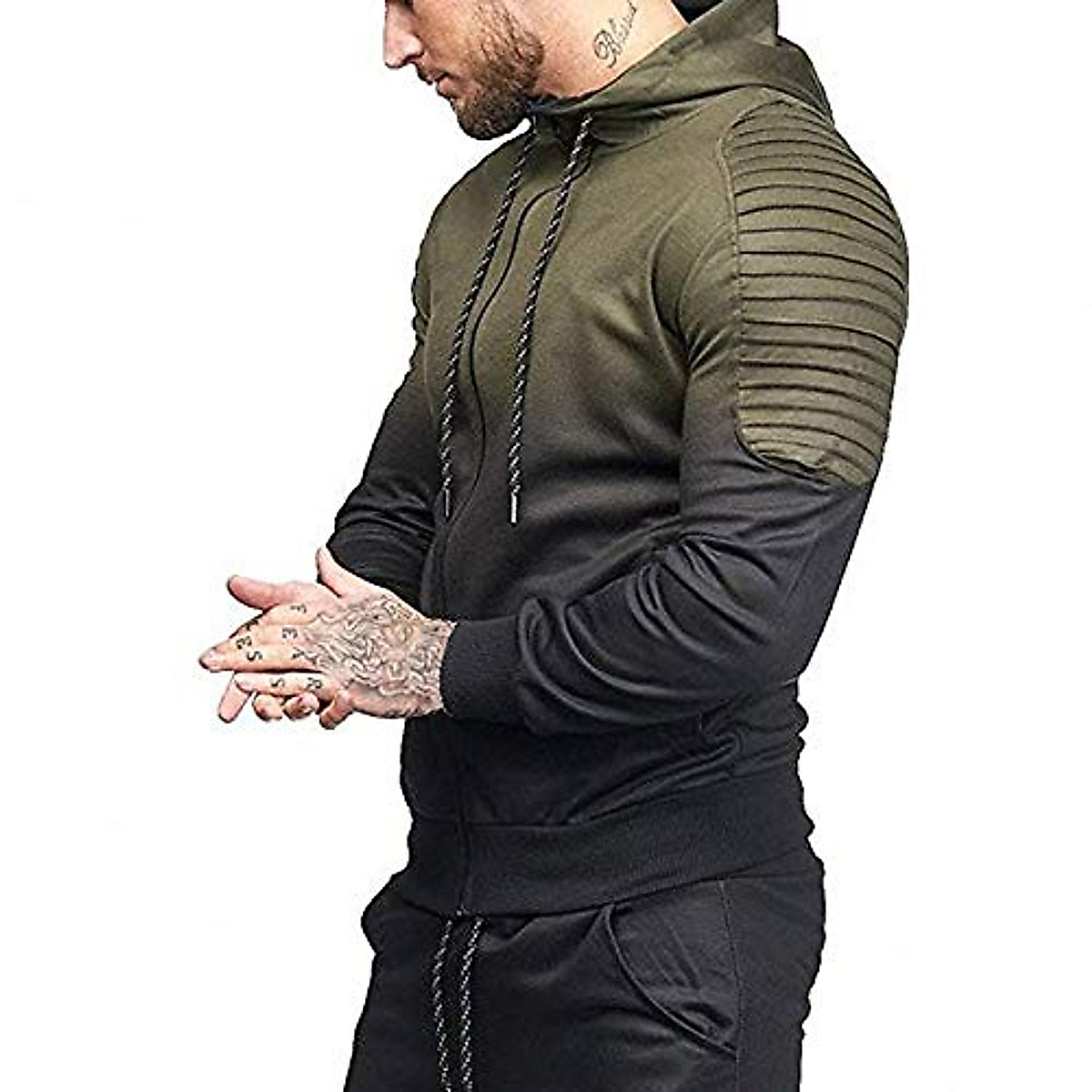 Men's Pullover Winter Workout Thenlian Mens' Autumn Winter Long Sleeve Splicing Fold Hooded Top Blouse Outwear(Army Greem, XL)
