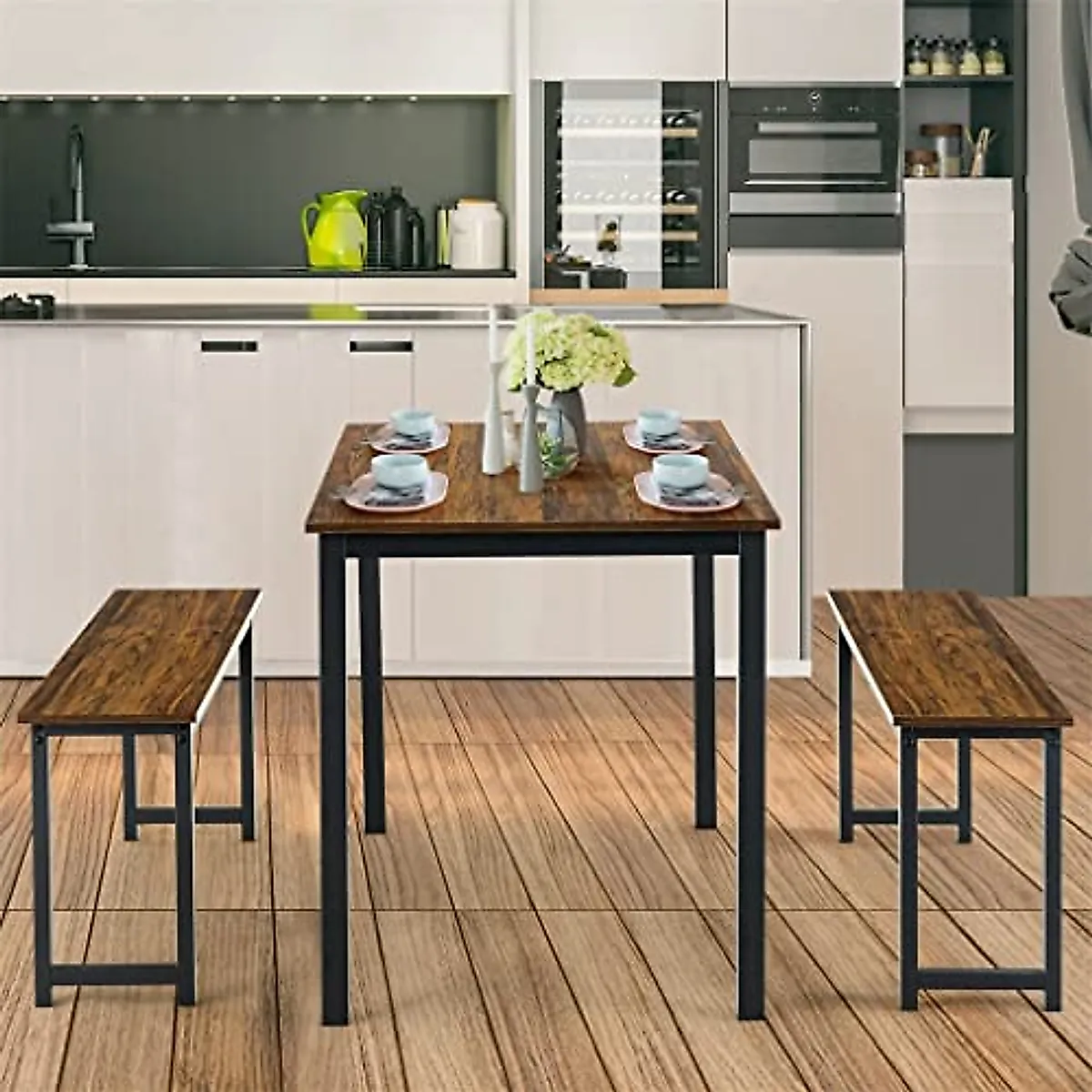 YEBDD 3 Piece Dining Table Bench Set with Wooden Top and Metal Frame Furniture Set