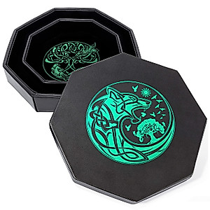 DND Dice Tray - Premium 8 Inch Tray for Dungeons and Dragons: Exquisitely Detailed Green World Tree & Wolf Raven Design - Perfect Rolling & Box Storage to Protect Your Dice for D&D and RPG