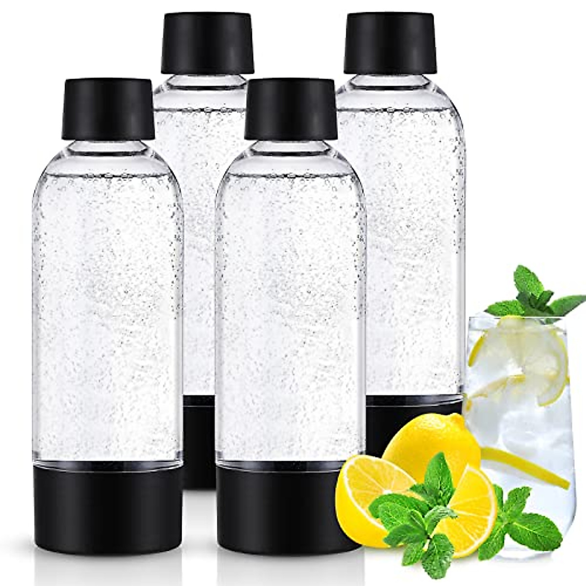 meekoo 4 Pcs Soda Carbonating Bottles Clear Soda Maker Bottle Plastic Soda Bottle Compatible with Soda Drinkmate Soda Maker for Kitchen Home Party Carbonated Drinks Beverages (1 Liter)