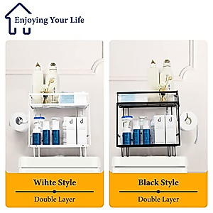 BEJICAN Over Toilet Storage Shelf Bathroom Organizer Free Standing Restroom Organizers with Adhesive Base and Hooks,Anti-Tilt No Drilling Wall Mounting Rack,Space Saver(Black, 2-Tier)