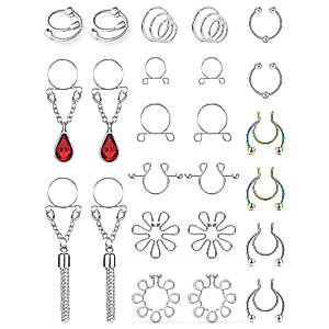 Oufksiyy Fake Nipple Ring Stainless Steel Non-Piercing Nipple Rings Clip On Nipplerings Faux Body Piercing Jewelry for Women Men 26PCS