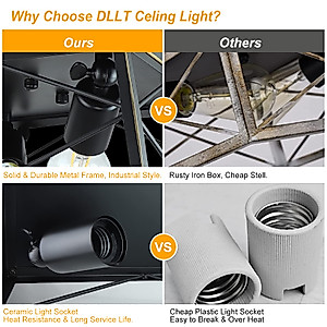 DLLT Farmhouse Flush Mount Ceiling Light Fixture, 2-Light Metal Square Close to Ceiling Light, Industrial Semi Flush Mount Ceiling Lamp for Bedroom Kitchen Hallway Porch Living Room, E26