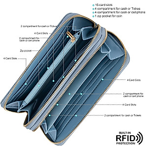 B BRENTANO Vegan Leather Double Zipper Pocket Wallet with Grip Hand Strap (Chevron Embroidered Blue)