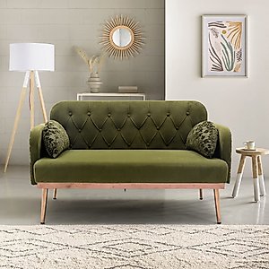 HomSof Velvet Sofa Chair, Small Couch for Bedroom, Red Loveseat Sofa with Metal feet, 2 Pillows Included