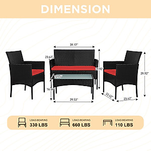 PROHIKER 4 Piece Outdoor Wicker Patio Conversation Furniture Set, Rattan Chair Wicker Sofa Garden Conversation Sets with Cushion and Glass Table for Yard Pool or Backyard, Black/Red