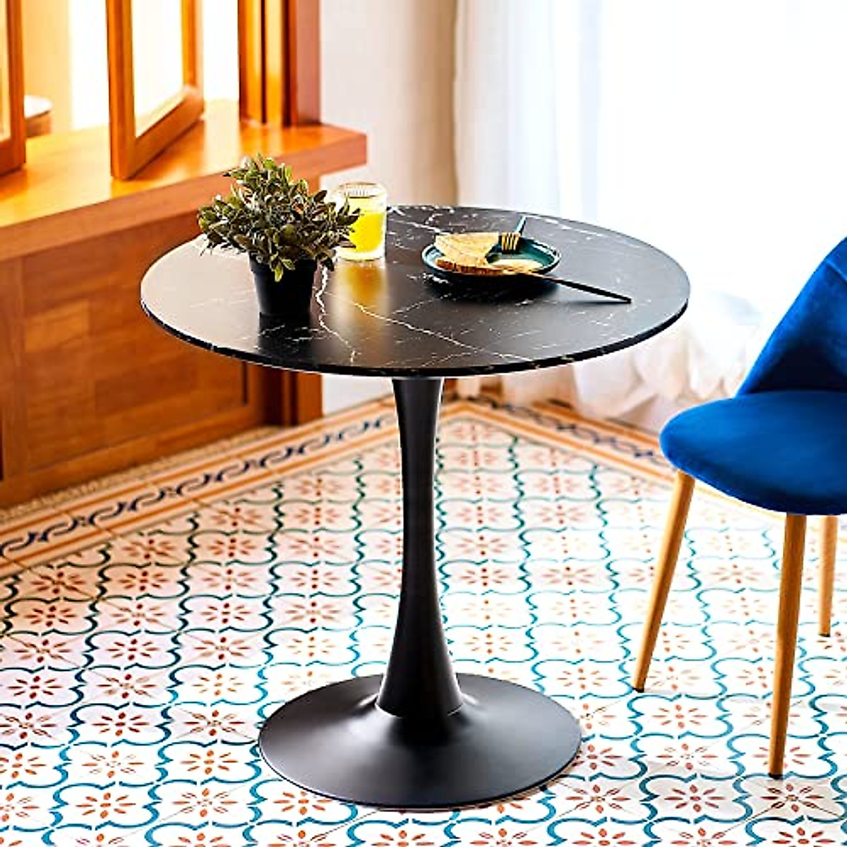 VONLUCE 32 Inch Round Dining Table with Faux Marble Top for Kitchen Bar Patio and More, Modern Small Coffee Table Living Room Accent Table with Tulip Style Metal Base and 165lb Capacity for 2-4, Black