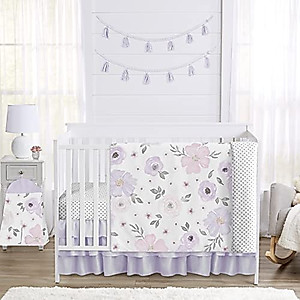 Sweet Jojo Designs Lavender Purple, Pink, Grey and White Shabby Chic Watercolor Floral Baby Girl Nursery Crib Bedding Set - 4 Pieces - Rose Flower Polka Dot