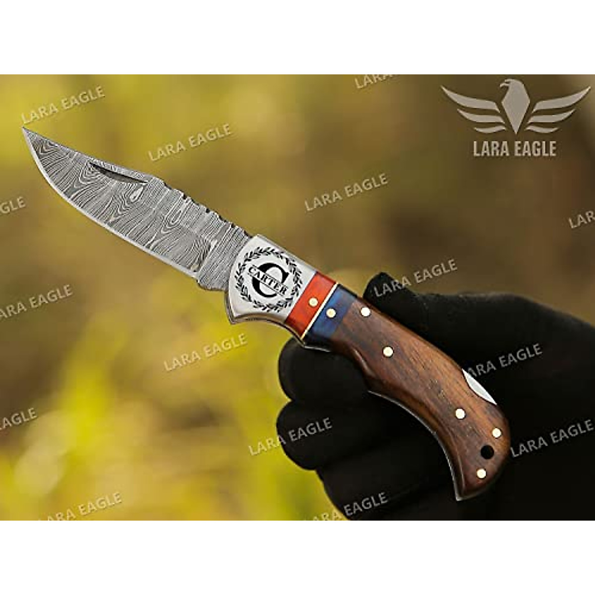Lara Eagle Personalised Damascus Pocket Knife for Men - 133 Layer Solid Steel Handmade Folding Hunting Knives with Sharpner and Leather Pouch - Best Knife for Camping Hunting Hiking - Father’s Day Gifts for Men Husband Dad