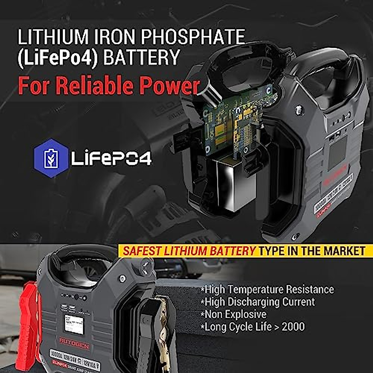 AUTOGEN 12V & 24V Jump Starter 10000Amp Lithium Iron Phosphate (LiFePO4) Battery, Booster Jumper Box with Smart LED Screen Built-in LED Light