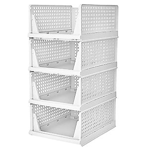 Closet Organizers Storage Bins 4 Pack, Stackable Plastic Storage Basket, Folding Wardrobe Storage Box-Drawer Shelf Storage Container for Office Wardrobe Cupboard Pantry Kitchen Cabinets Bathroom