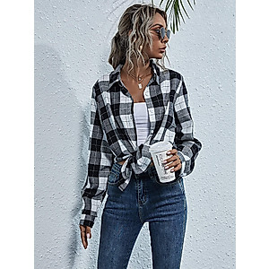 Floerns Women's Casual Long Sleeve Button Down Plaid Shirt Blouse Top Black and White M