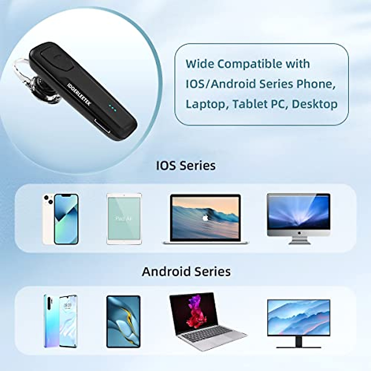 IDOERLEETEK Bluetooth Headset, S30 Bluetooth Earpiece Wireless Handsfree V5.1 Ultralight with Microphone 16 Hours Driving Headset Compatible with iPhone Android Cell Phone Laptop Tablets - Black