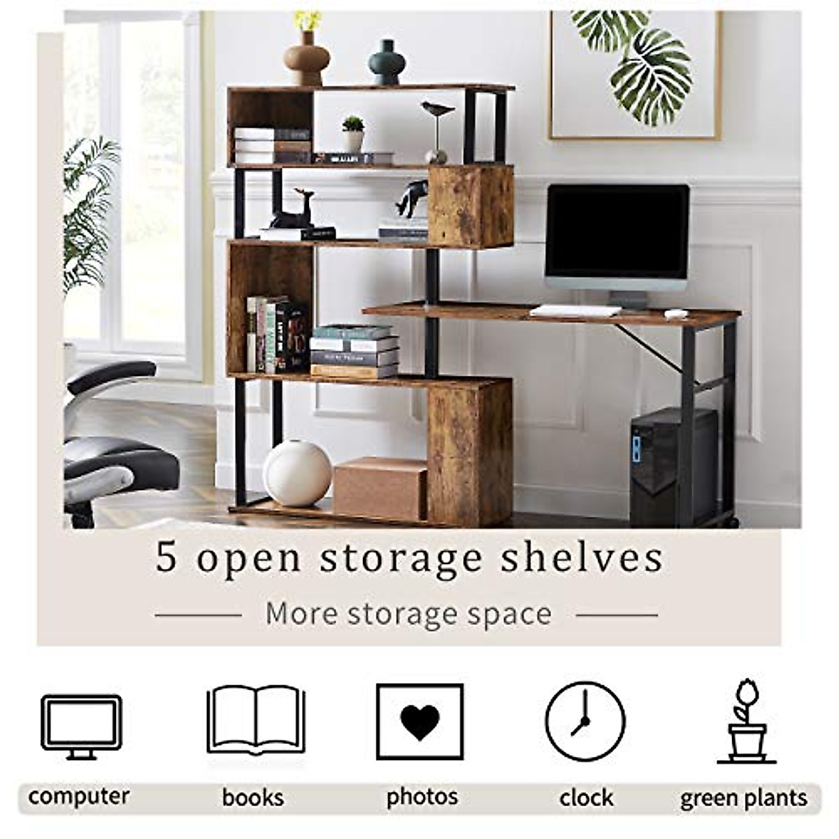 Merax, Brown L Shaped Corner Desk with Shelves and Storage, Rotating, 5-Tier Bookcase, Multi-Functional Office Workstation