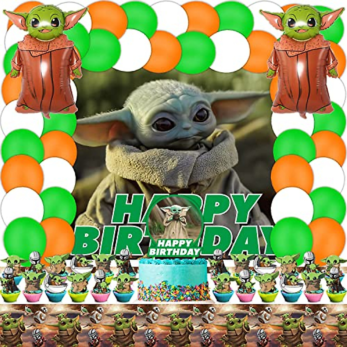 Baby Inspired Yoda Birthday Party Supplies, Party Decorations Including Foil Balloons, Latex Balloons, Cake Toppers, Backdrop and Tablecloth for Kids Baby Inspired Yoda Party Decorations