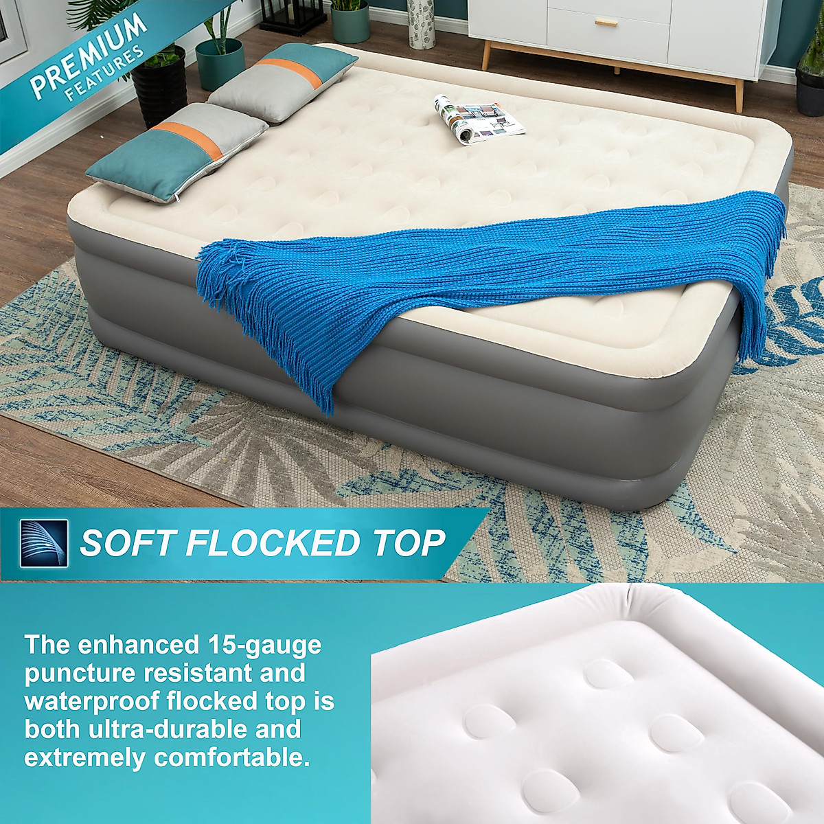 ALPHA CAMP 19” Queen Size Air Mattress with Built-in Pump, Double Height Inflatable Airbed Blow Up Mattress with Soft Plush Top, Airbed for Home Guests Portable Camping Travel