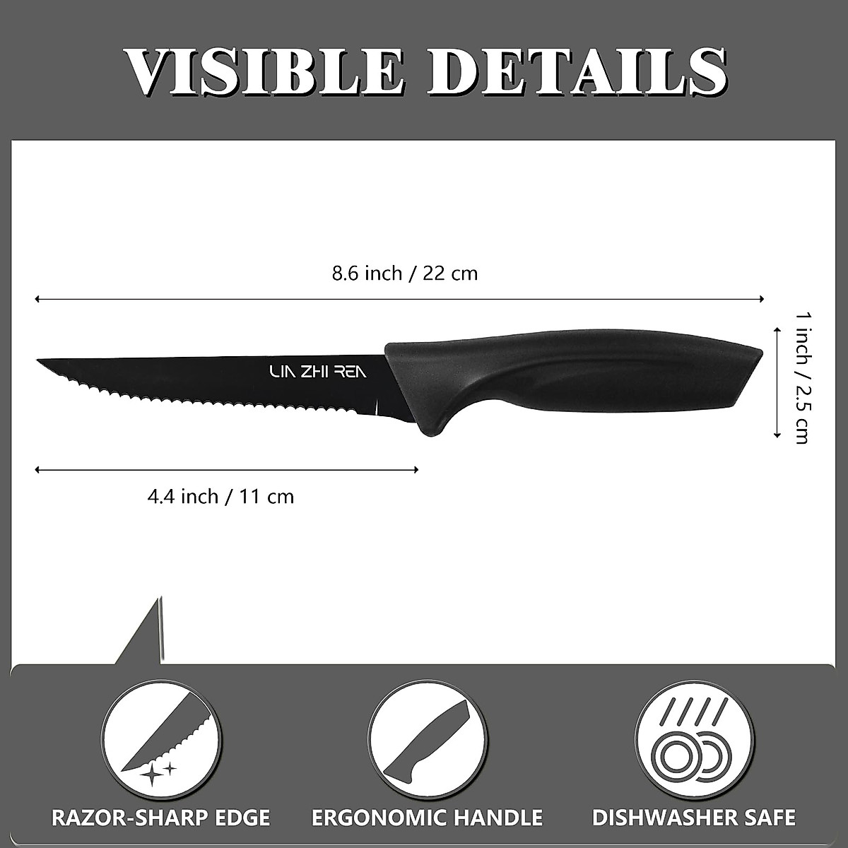 LIN ZHI REN Steak Knives,Serrated Steak knife,High-Carbon Stainless Steel,Ergonomic Handles,For Restaurant Kitchen Tableware Camping,Dishwasher Safe (16 Pcs - Black)