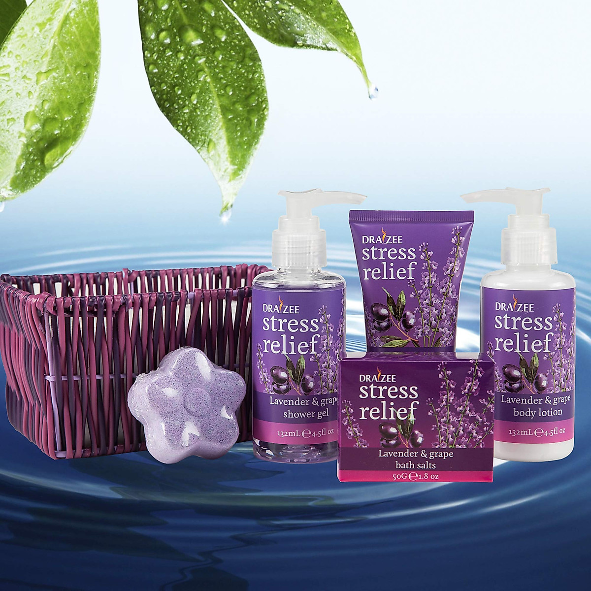 Draizee Spa Basket For Women - Lavender and Grape 5 Piece Spa Gift Set Luxurious Home Relaxation Fragrance Spa Gift Basket for Women - #1 Christmas Gifts For Women, Girlfriend