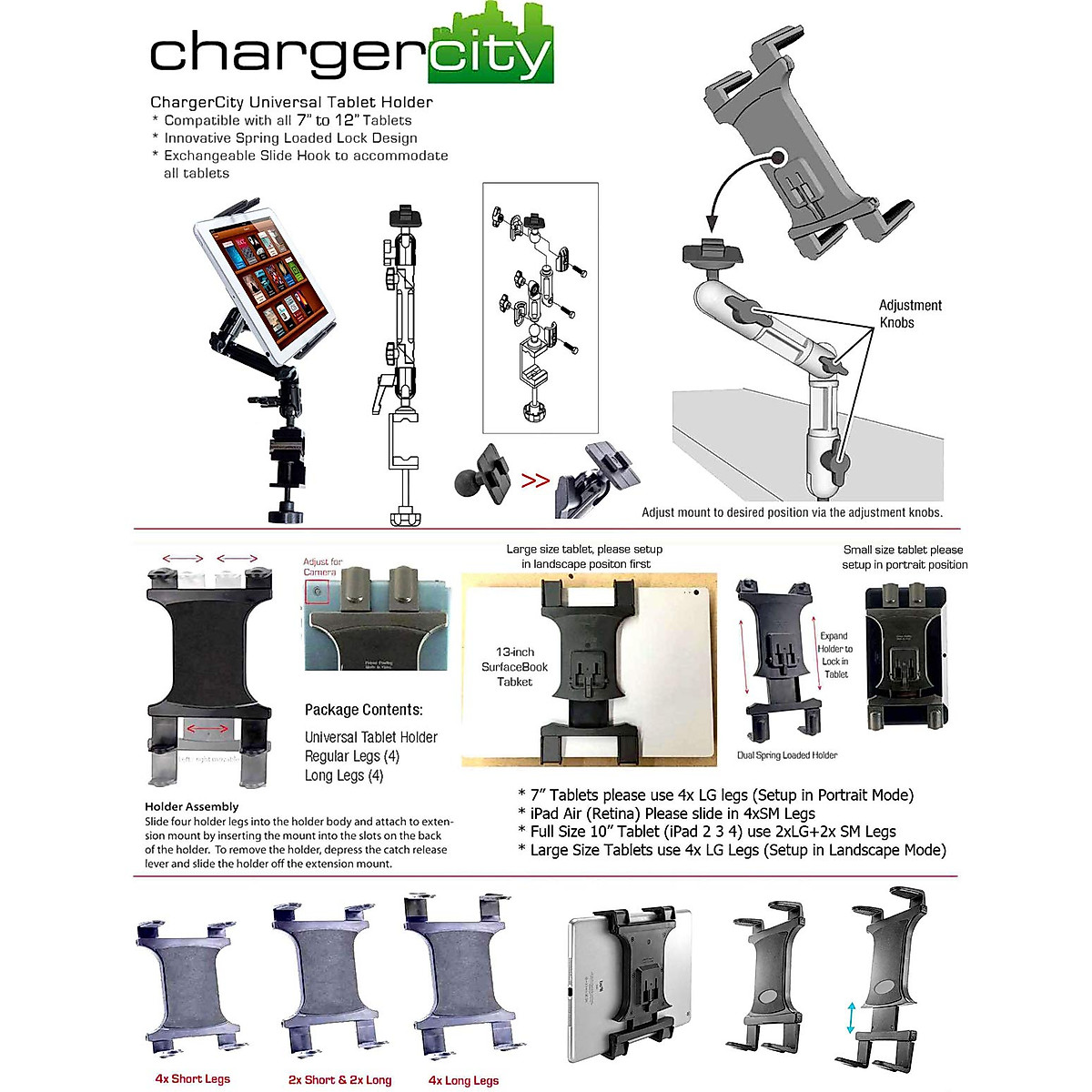 ChargerCity Heavy Duty 4-Way Adjust Aluminum Alloy Pole/Bar Music Mic Microphone Stand Clamp Mount for iPad Pro Air Mini Galaxy Surface Pro 7-12" Tablets (Good for Uber Eat Doordash Postmate salso)