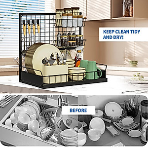 UBUISOTKZ Non-deformable Dish Drying Rack,Stainless Steel Dish Drainer with Cutting Board Holder Pull-Out Baskets, Dish Racks for Kitchen Counter Organizer Space Saver-Black