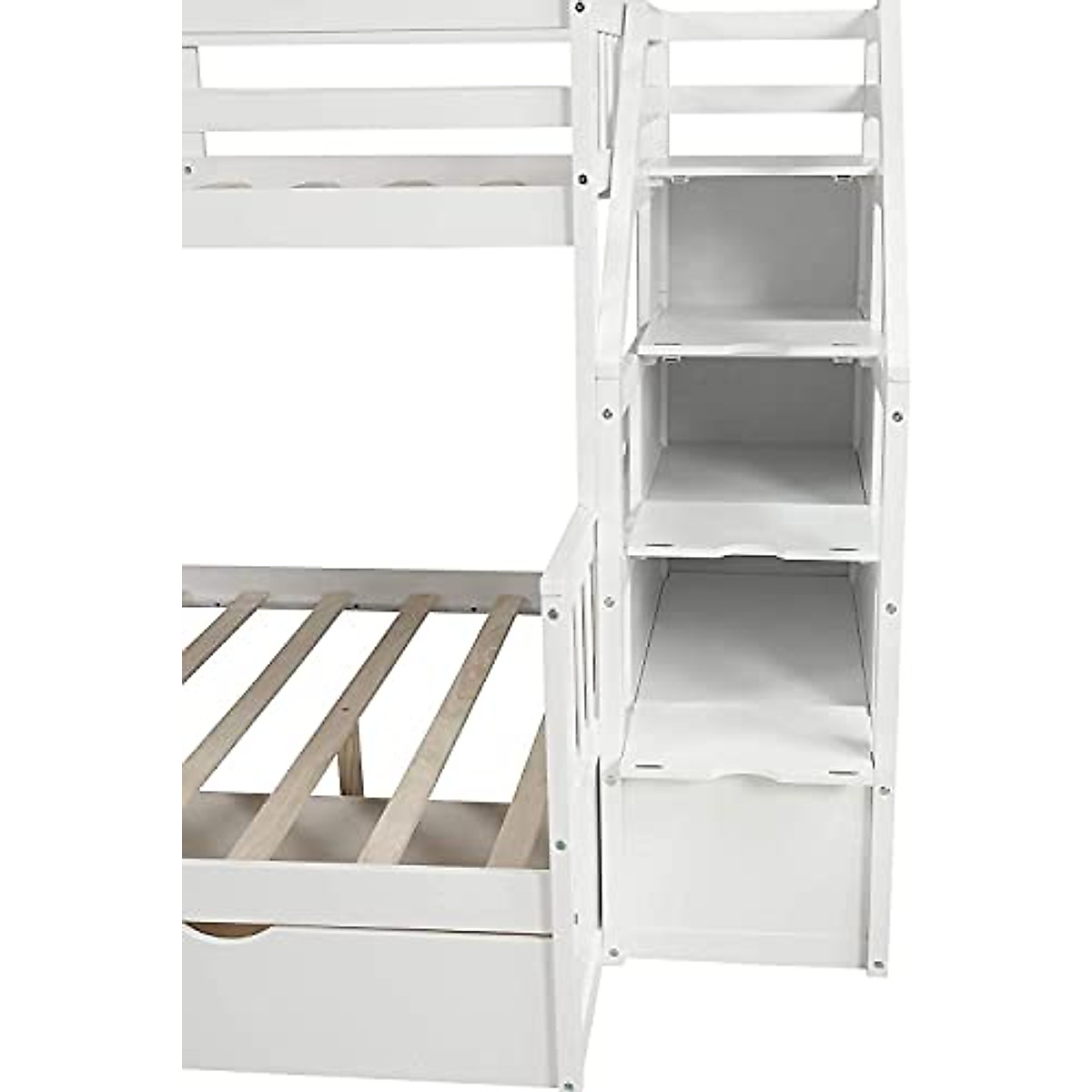 ATH-S Twin Over Full Bunk Bed with Slide, Twin Over Full Bunk Bed with Storage Drawers and Stairscase, Wood Bunk Bed Frame with Guardrails for Kids Boys Girls Teens Adults, No Box Spring Needed, White