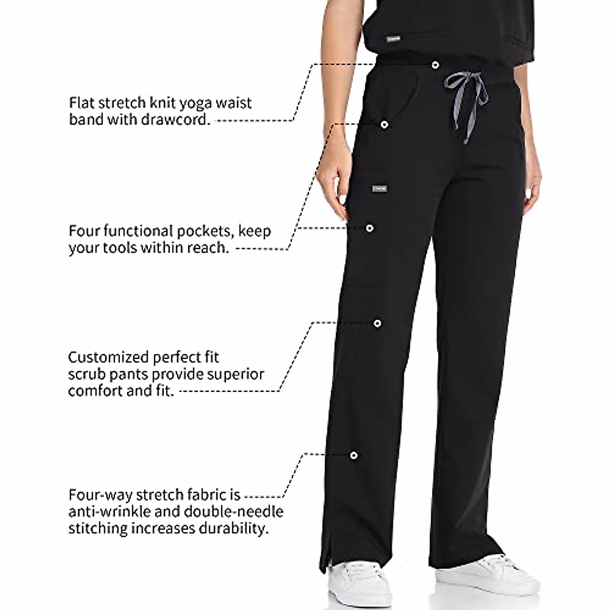 COMENII Scrubs for Women, Mid Rise Straight Leg Cargo Scrubs Pants with Flat Stretch Knit Yoga Waistband, Anti-Wrinkle Medical Scrubs Pants for Women(Black M-1)