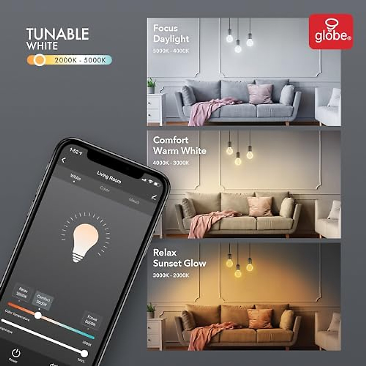 Globe Electric 34920 Wi-Fi Smart 5.5W (60W Equivalent) Straight Filament Tunable White Clear LED Light Bulb, No Hub Required, Voice Activated, 2000K - 5000K, Vintage Edison Style, G25 Shape, E26 Base