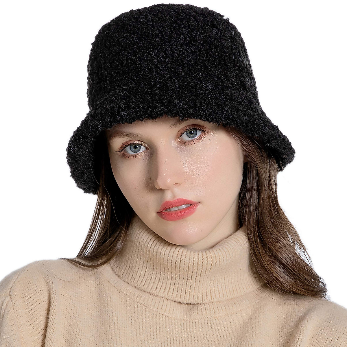 Womens Winter Bucket Hat Vintage Cloche Hats Warm Faux Fur Wool Outdoor Packable Fisherman Cap Black