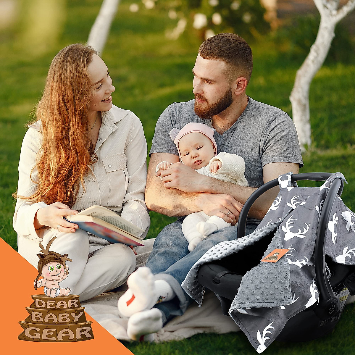 Dear Baby Gear - Baby Car Seat Canopy - Toddler Carrier Cover - Infant Car Seat Cover - Carseat Covers with Snap Opening - Carseat Canopies for Boys & Girls - 40x30 (Antlers on Gray, Gray Dot)