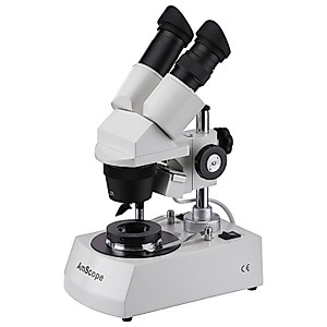 AmScope SE306-P-DK Binocular Stereo Microscope, WF10x Eyepieces, 20X and 40X Magnification, 2X and 4X Objectives, Upper and Lower Halogen Lighting, Reversible Black/White Stage Plate, Pillar Stand, 120V, Includes Darkfield Condenser