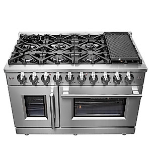 Forno 48-inch French Door Gas Range with 1 Sealed Dual-Ring Brass Burner 20K BTU - 4.32 Cu.Ft Convection Fan Oven 30,000 BTU - Modern Design Kitchen Range with Air Fryer Basket, Rack & Drip Pan