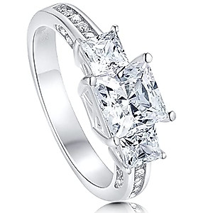 ZLAEBL 2 3/5 Carat (ctw) 3-Stone Princess Cut Moissanite engagement Rings for women Platinum Plated Silver moissanite rings (Available in size 4.5-11)