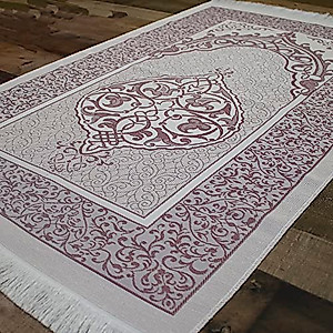 Modefa Islamic Prayer Mat Thin Woven Chenille and Taffeta Turkish Sajadah Intricate Design Metallic Ottoman Mat (White/Blue + White/Pink)
