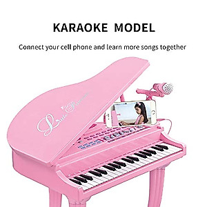 Kids Piano Keyboard Toys 37 Keys,Grand Piano for Beginners,3 4 5 6 Years Old Toddler Girl Boy Gift,Educational Musical Instrument,w/Microphone,Stool,Piano Lid,Lights,Note Stickers,Enamel Finish- Pink