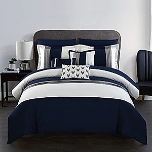 Chic Home Ayelet 10 Piece Comforter Set Color Block Ruffled Bag Bedding-Decorative Pillows Shams Included, King, Navy