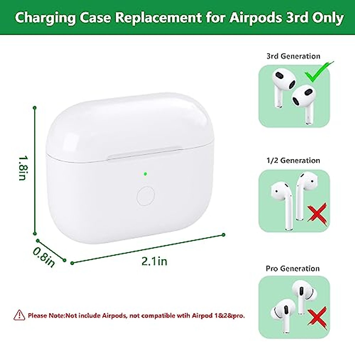 Wireless Charging Case Replacement - Compatible with AirPod 3, Qi-Certified for Air Pods 3rd Gen Charger Cases, Support Bluetooth Pairing Sync Button, 600 Mah Built-in Battery, Without Earbuds, White