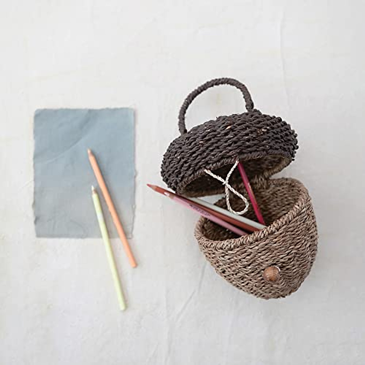 Creative Co-Op Handwoven Bankuan Acorn Shaped Basket with Lid and Wood Handle, Brown and Natural Decorative Storage, 7" L x 7" W x 8" H, Brown & Natural