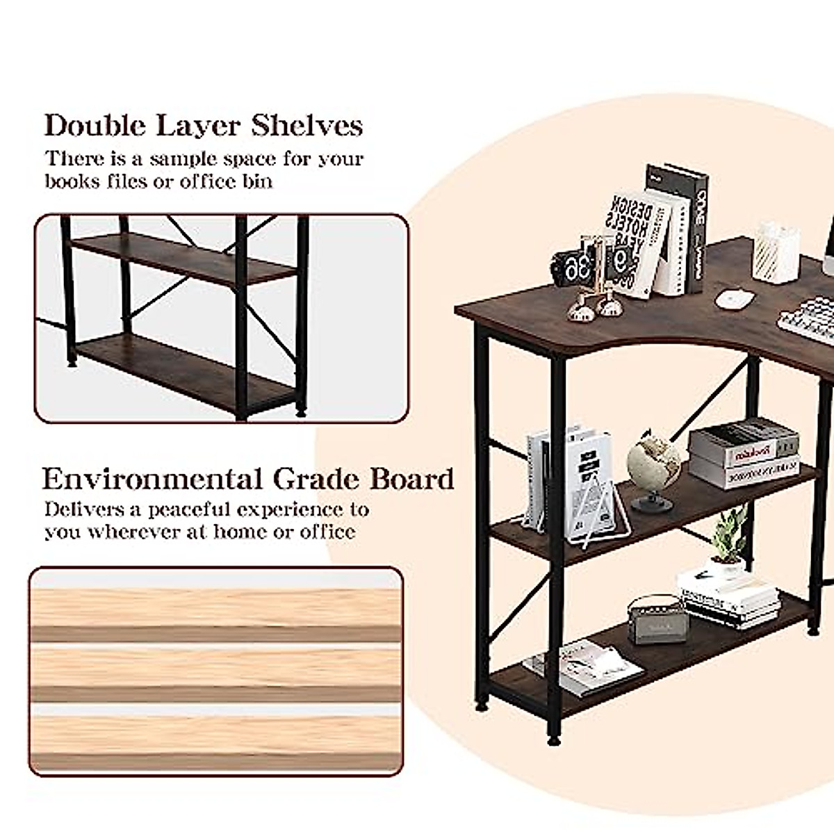 Computer Table, Computer Desk L Shaped with Extra Shelf, 47 Inch Corner Desk for Small Space with Adjustable Leg Pads, 30.5"H Office Table for Home Office Small Space, Modern Simple Style, Brown