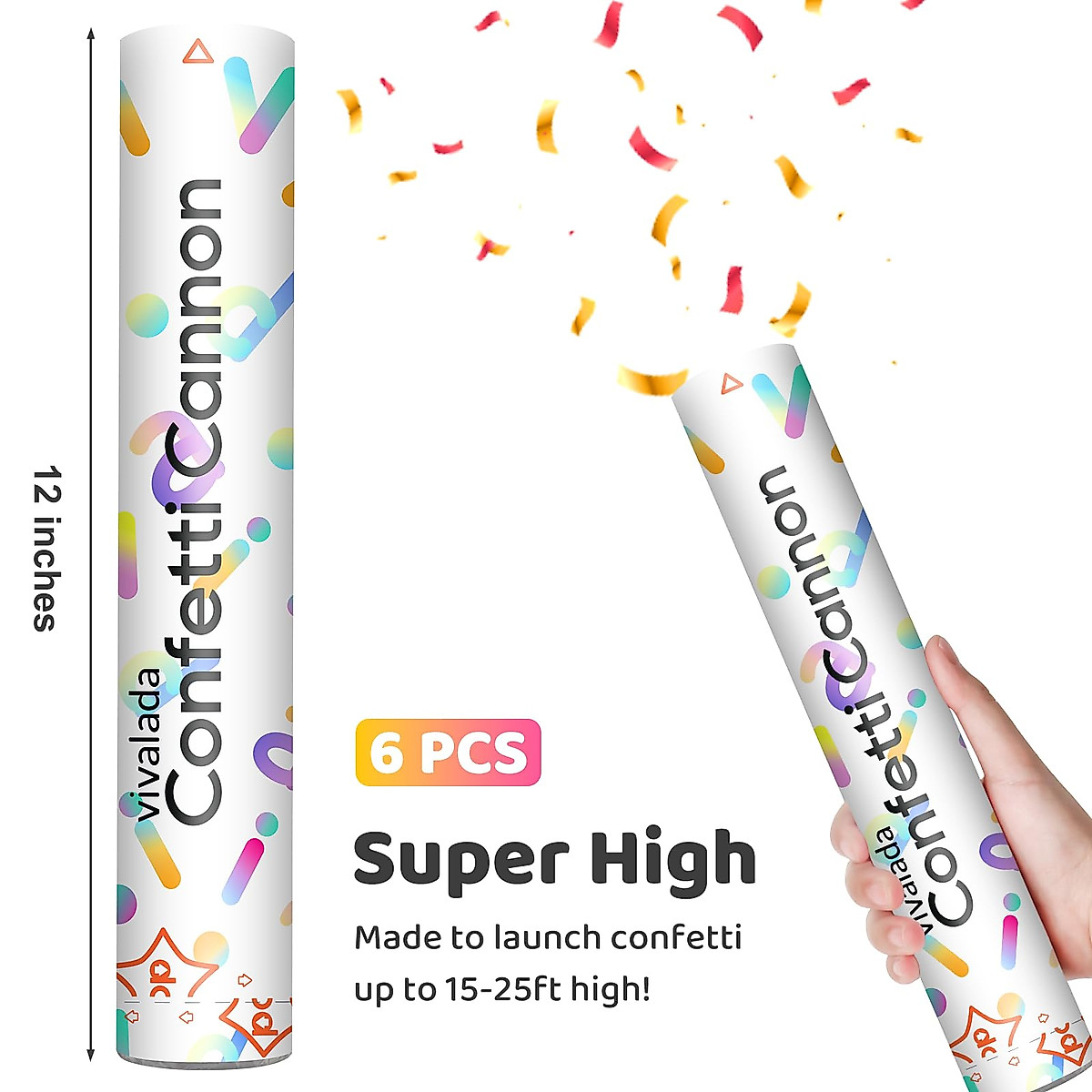 Vivalada 6 Pack Confetti Cannon - Pink, Rose Gold and White Foil Confetti Party Poppers, 12 Inch Confetti Poppers for Graduation, Birthdays Party, Weddings, Christmas New Year Eve Party Supplies